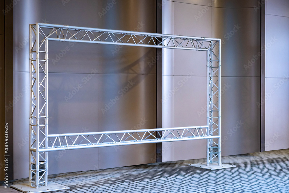 White truss construction. truss structure for banner or screen. Empty ...