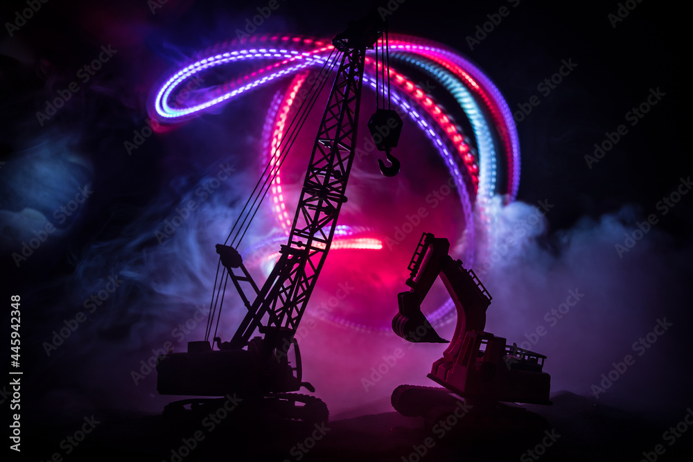 Abstract Industrial background with construction crane silhouette over ...