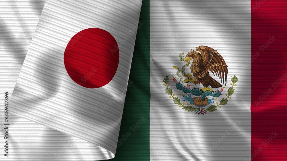 Mexico and Japan Realistic Flag – Fabric Texture 3D Illustration ...