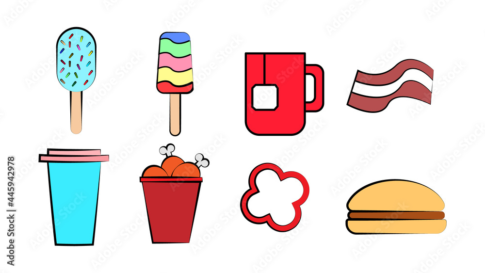 Set of eight icons of delicious food and snacks items for a restaurant ...