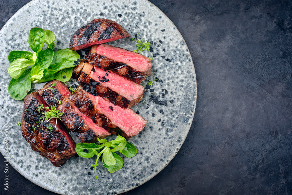 Modern style traditional barbecue dry aged wagyu rib-eye beef steaks ...