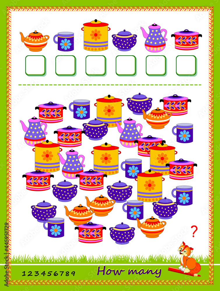 Math education for children. Count quantity of kitchen dishes and write ...