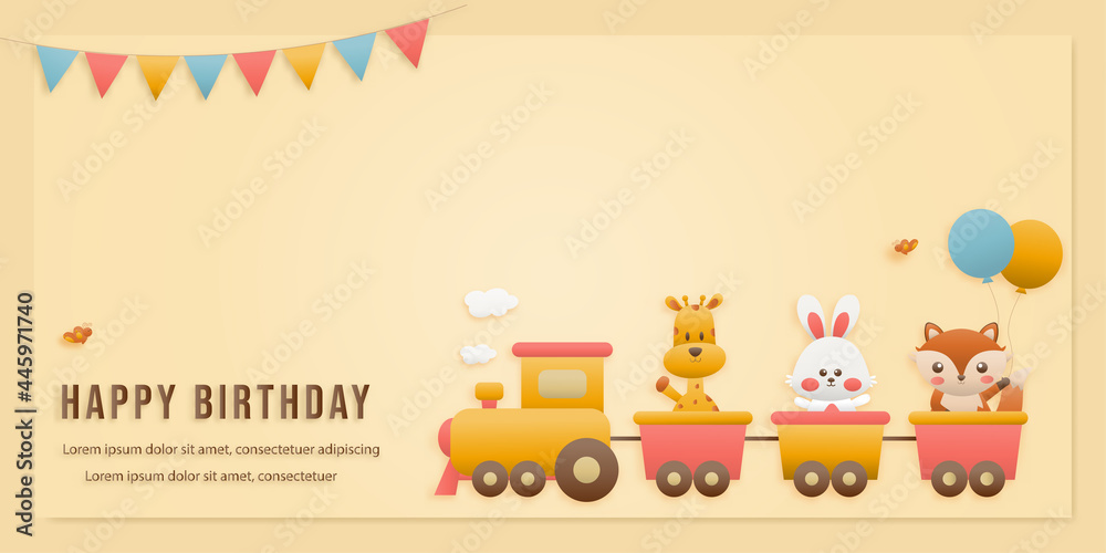Cute animals on train birthday greeting card. jungle animals celebrate ...