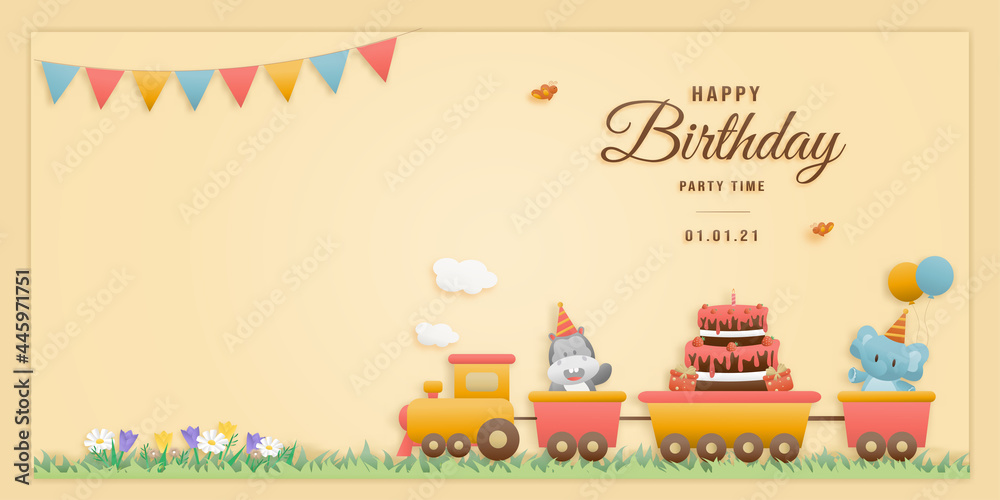 Cute animals on train birthday greeting card. jungle animals celebrate ...