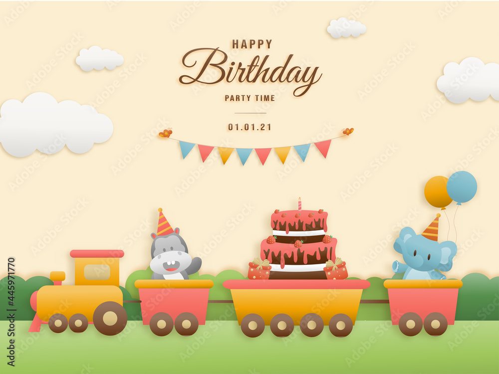 Cute animals on train birthday greeting card. jungle animals celebrate ...