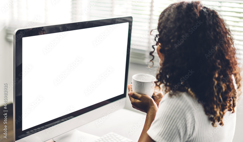 African american black woman using computer with white mockup blank ...