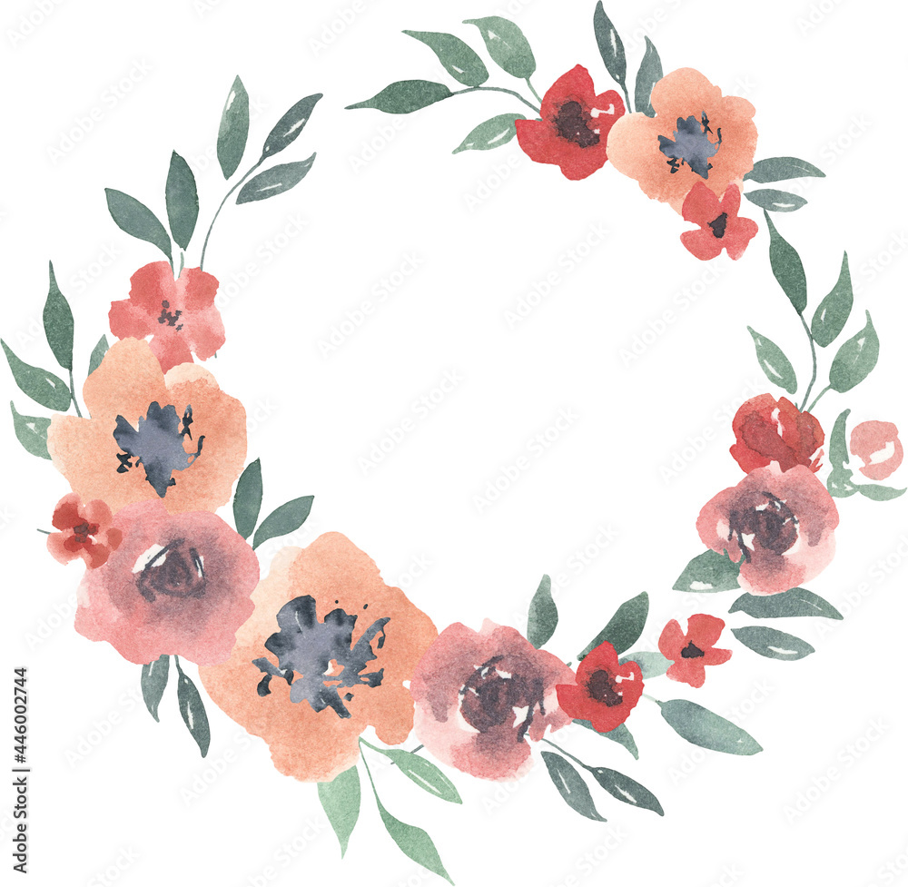Watercolor floral wreath, Peach blush pink flower, Pastel blue rose ...