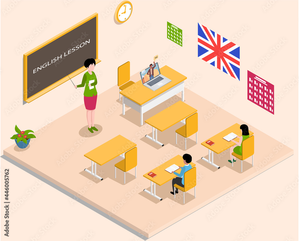 School education isometric teacher and pupil at english lesson ...