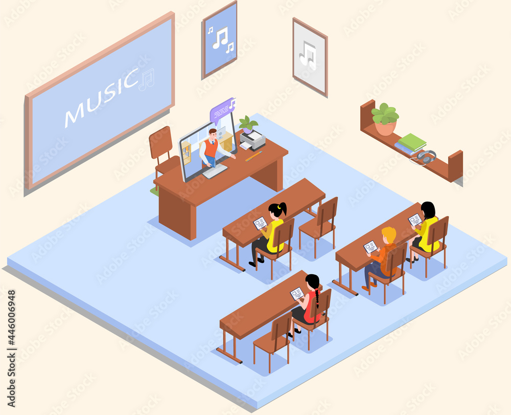 School education isometric teacher and pupil at lesson. Learning ...