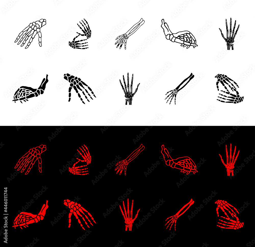 Skeleton hand icon set in black and red color. Human skeleton bone ...