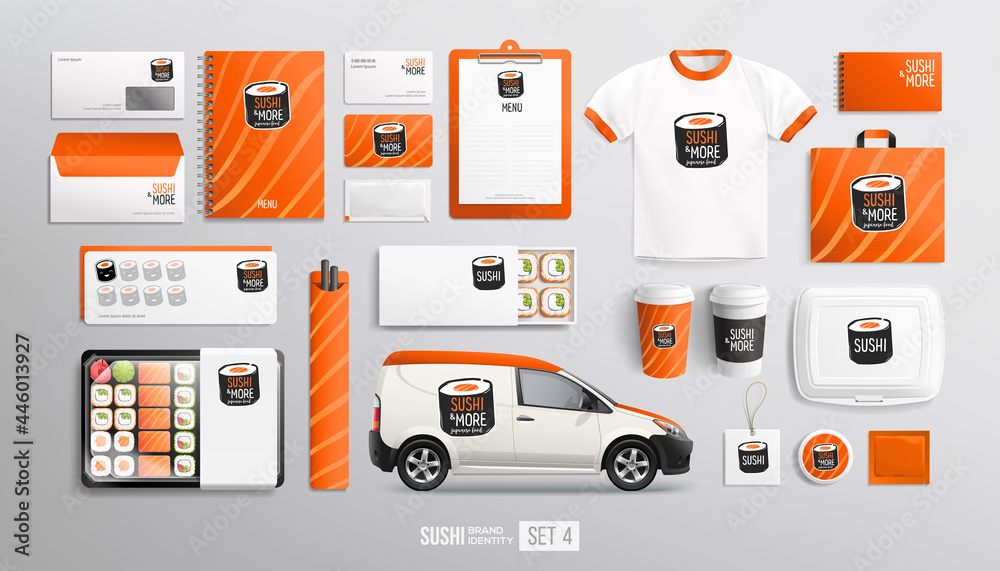Sushi Bar Restaurant Brand identity with logo on food package and items ...