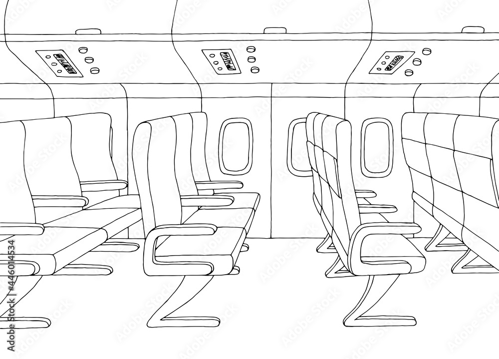 Aircraft interior graphic black white sketch illustration vector Stock ...