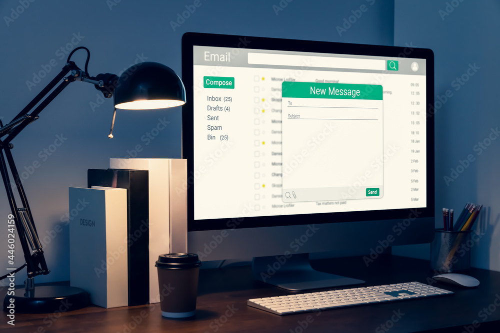 New email alert on computer, communication connection message to global ...