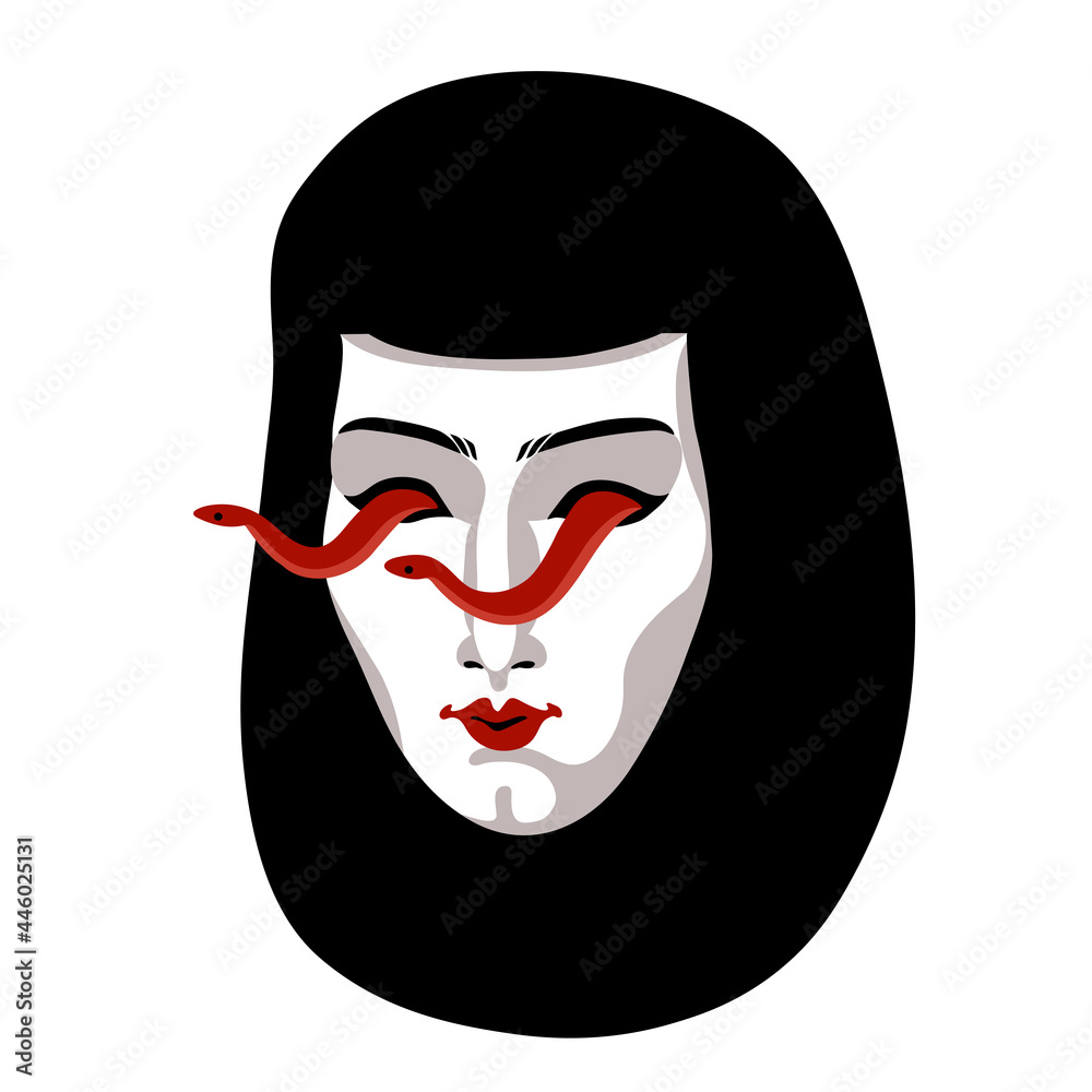 a white female mask with red snakes in the eye sockets, a mystical ...