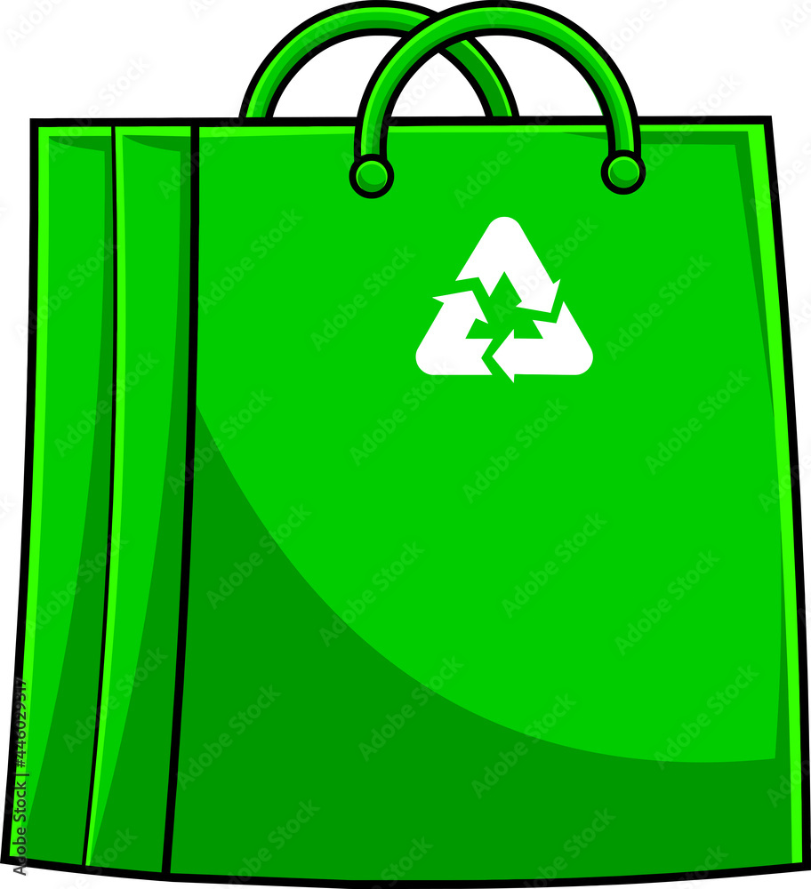 Cartoon Green Shopping Bag With Recycling Symbol. Vector Hand Drawn ...
