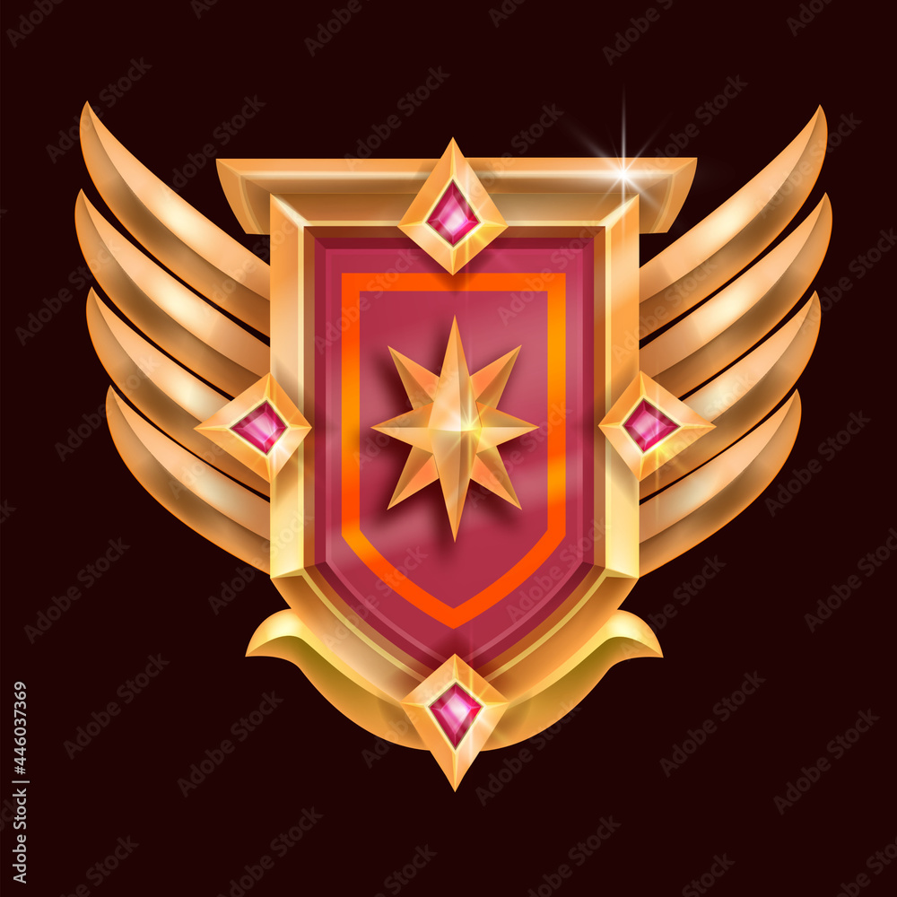 Victory game badge icon, vector rank medal award, golden shield, wings, star, red crystal. Level ...