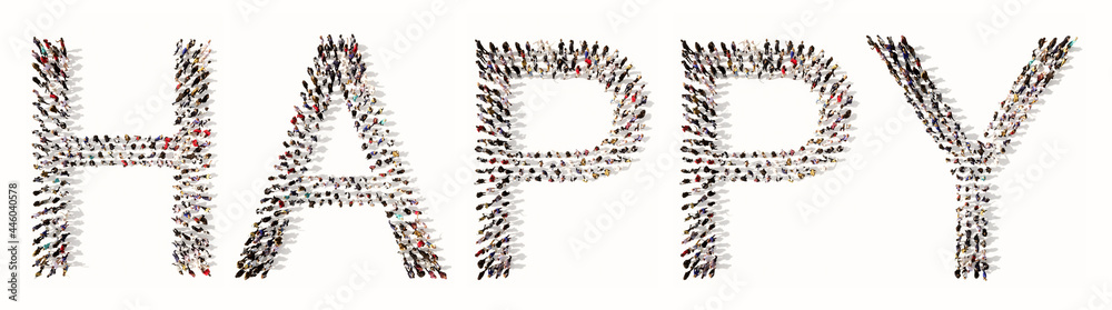 Concept or conceptual large community of people forming HAPPY word. 3d ...