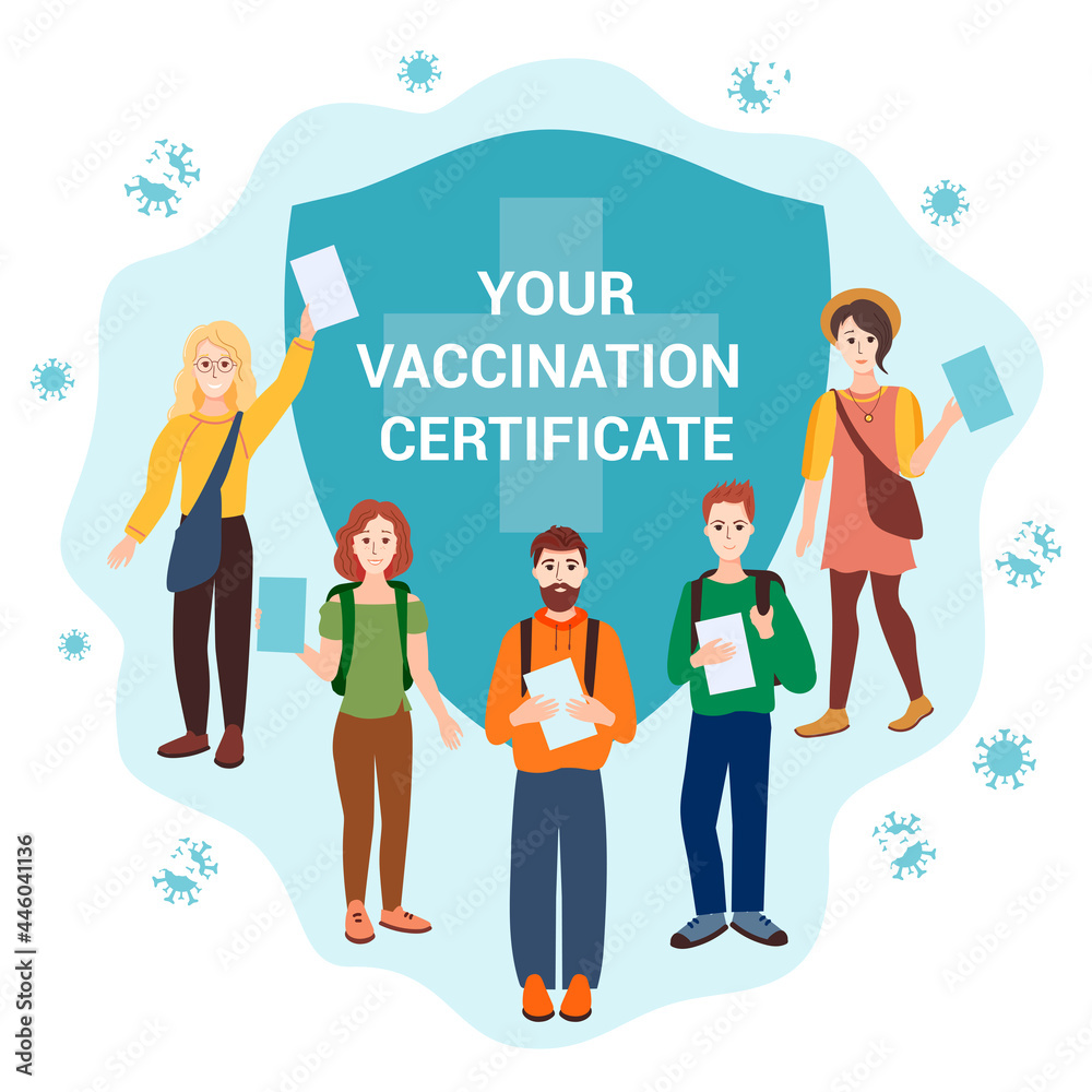 Vaccination against covid-19. Certificate of vaccination. Happy young ...