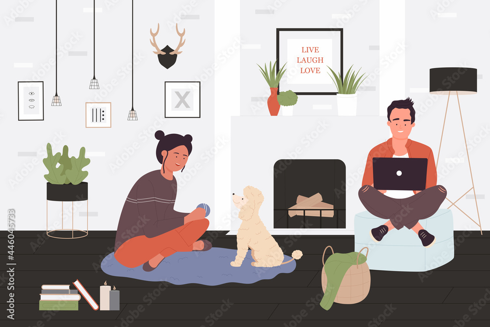Couple people spend time with pet by home fireplace vector illustration ...