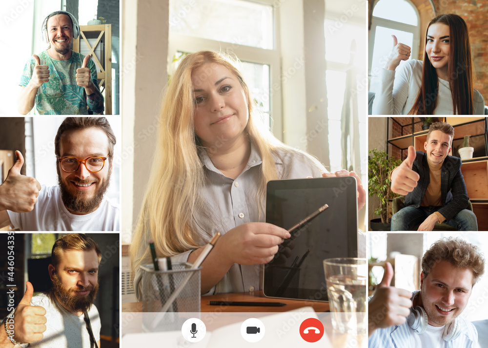 Foto de Team working by group video call share ideas brainstorming use ...