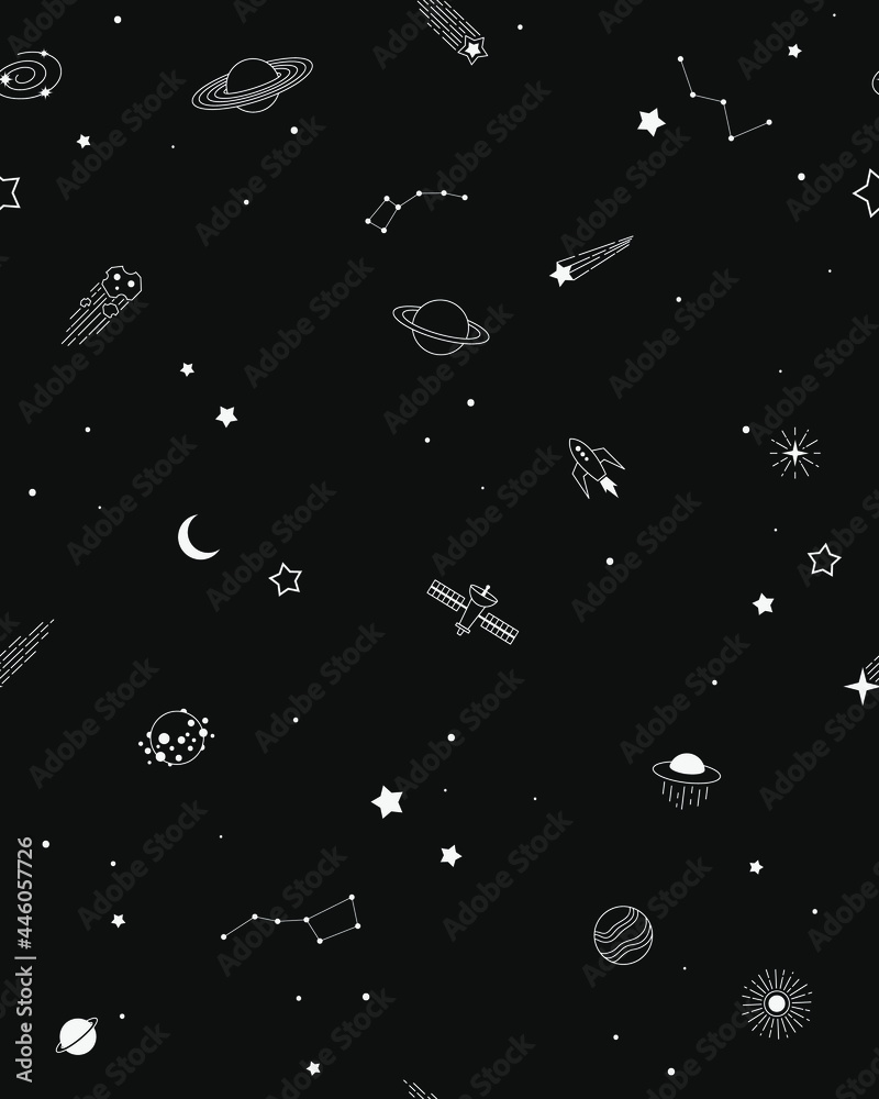 Space seamless pattern with planets, comets, constellations, rocket ...