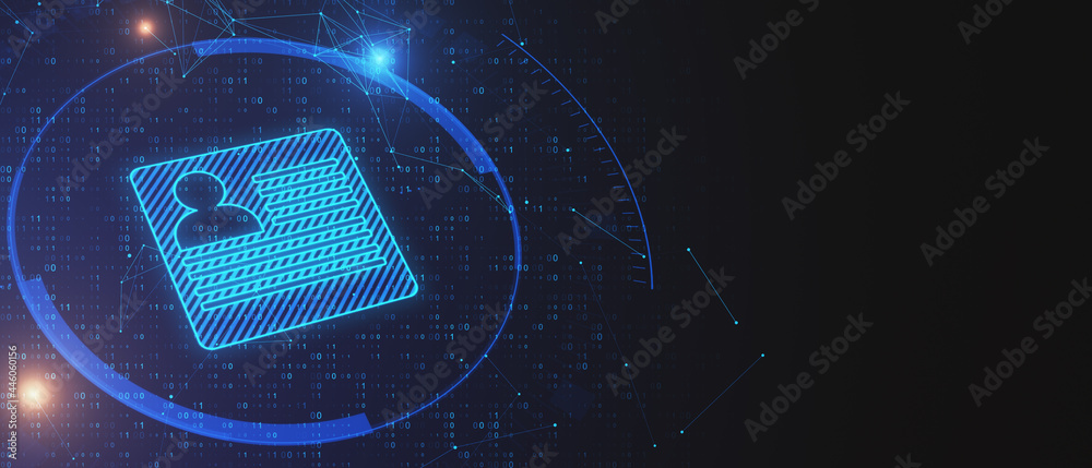 Panoramic glowing personal information card on dark blue background ...