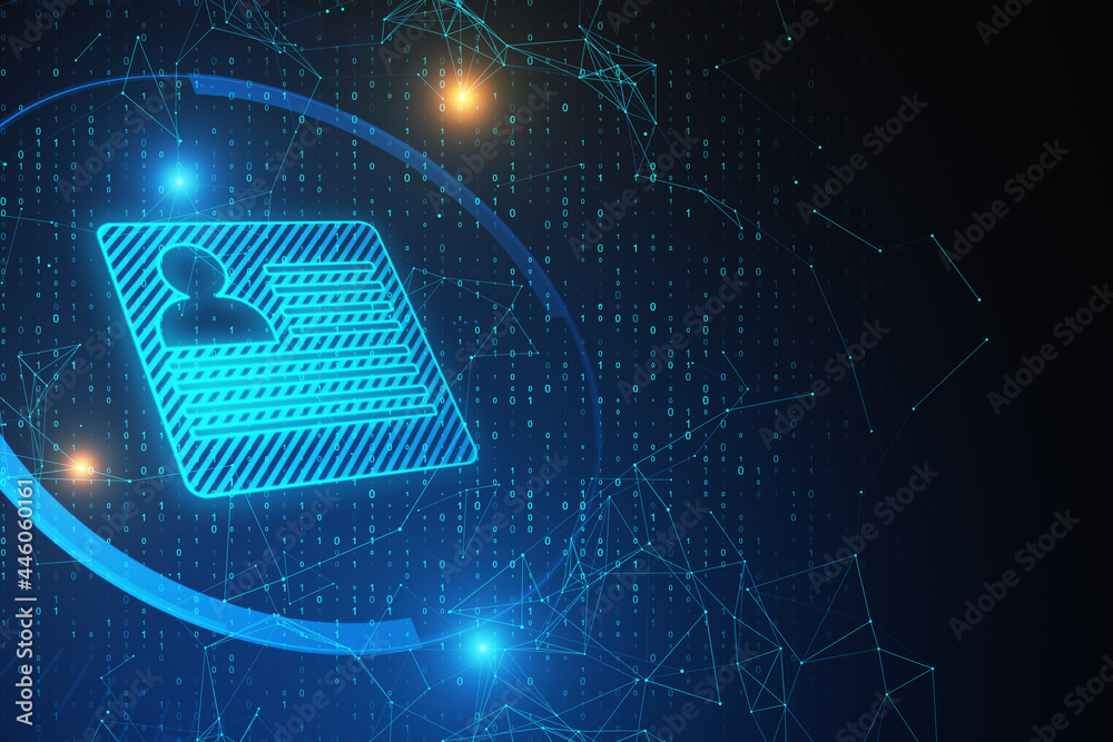 Creative glowing personal information card on dark blue background with ...