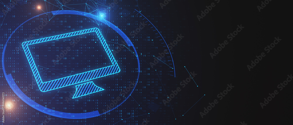 Panoramic glowing computer monitor icon on dark blue background with ...
