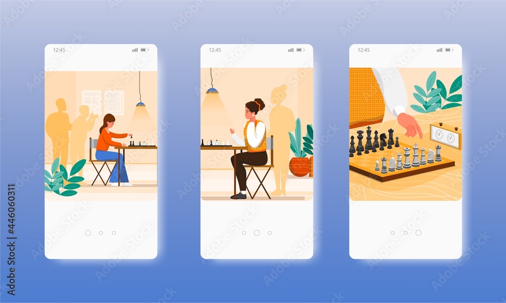 Two women playing chess board game tournament. Mobile app screens ...