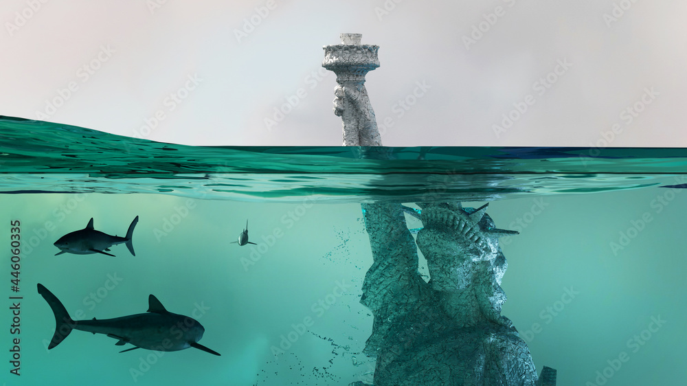statue of Liberty under water, America flooded New York render 3d Stock ...