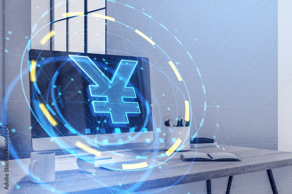 Close up of desktop in office with glowing yen interface, computer ...