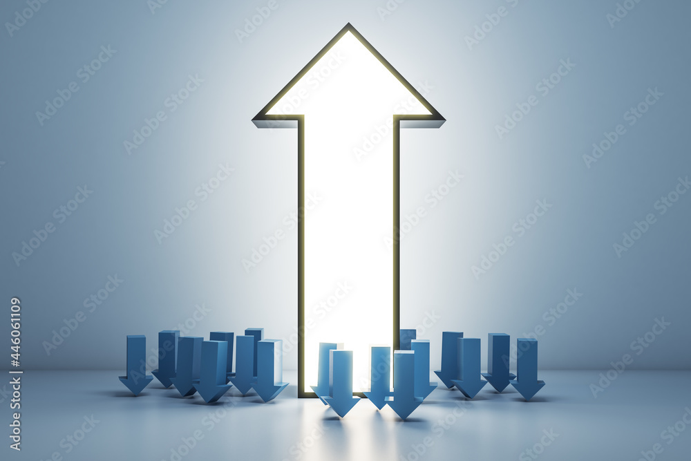 Huge glowing upward arrow and many small downward facing ones on ...