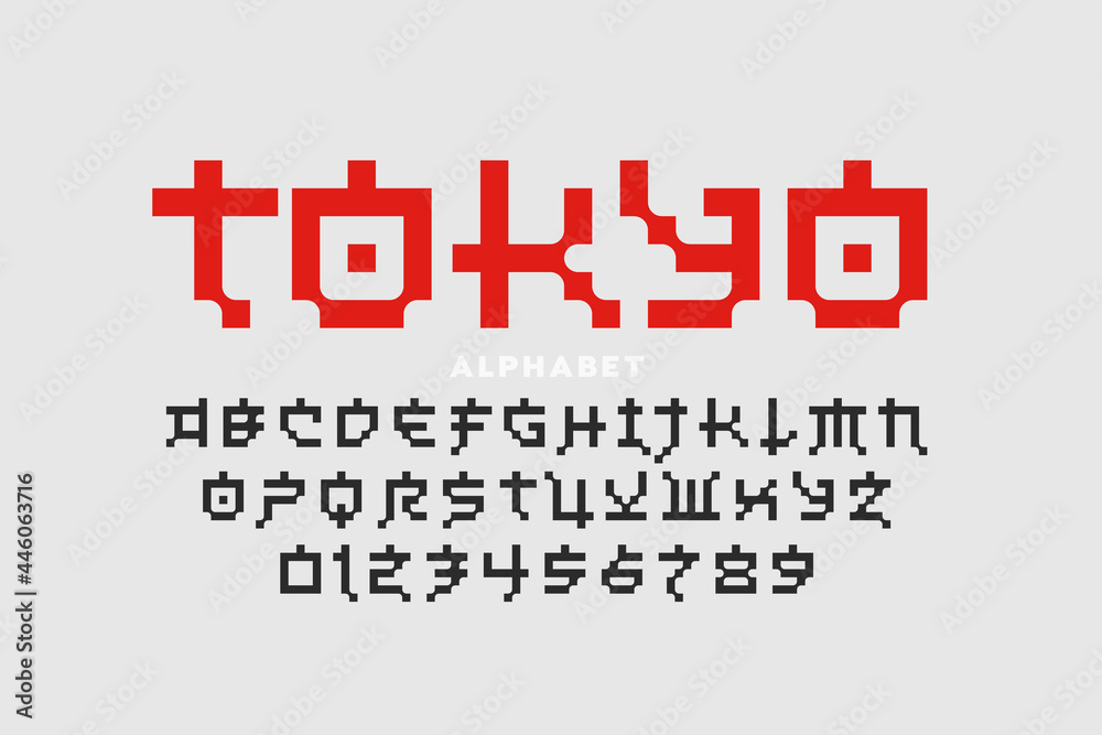Pixel Japanese style Latin font design, alphabet letters and numbers ...