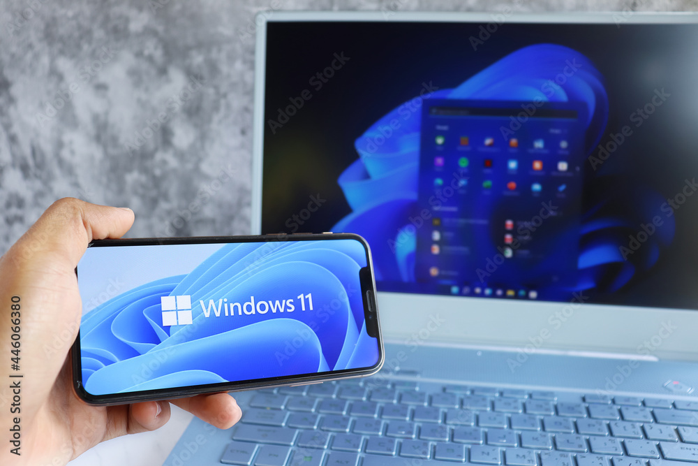 New Microsoft Windows 11 logo on computer screen and Windows 11 logo is ...