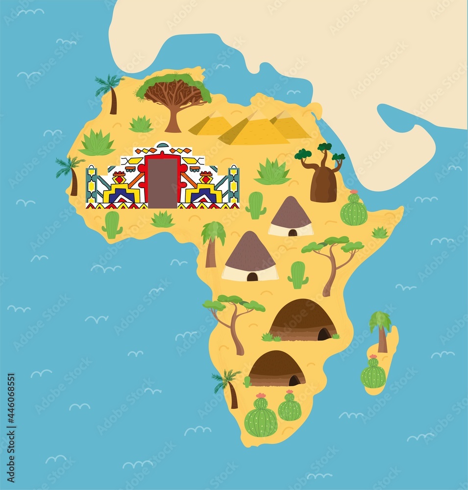 Cartoon hand drawn illustrated map of Africa with tribal hut icons ...