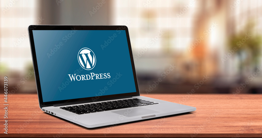 19 July 2021 Bangkok, Thailand, WordPress logo on display laptop or notebook. Open source site ...