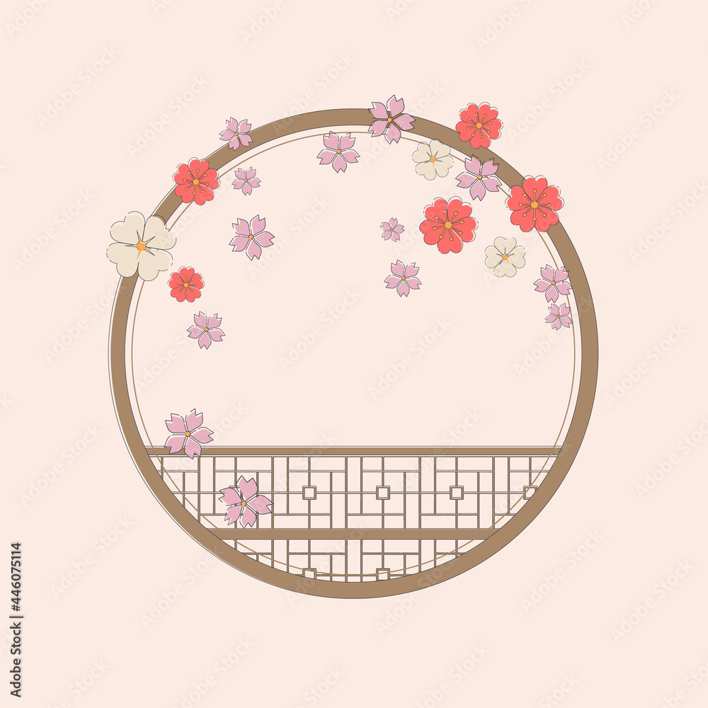 Chinese traditional window. Round frame in flowers. Hand drawing of a ...