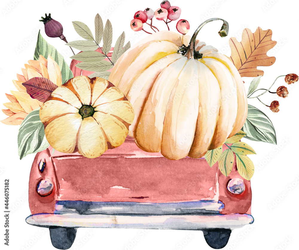 watercolor harvest truck, fall pumpkin harvest clipart. Thanksgiving ...