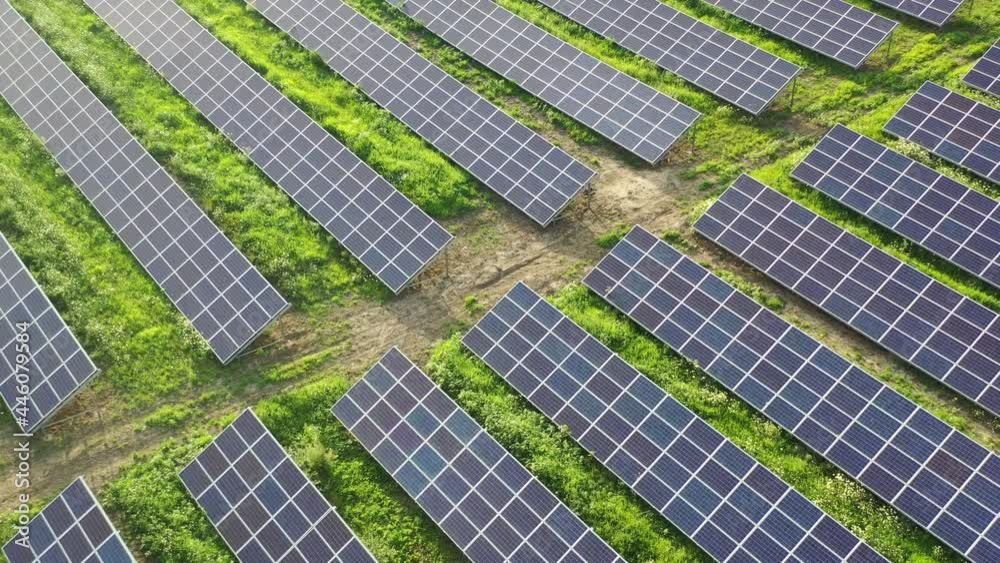 Aerial view of a solar farm producing clean renewable sun energy ...
