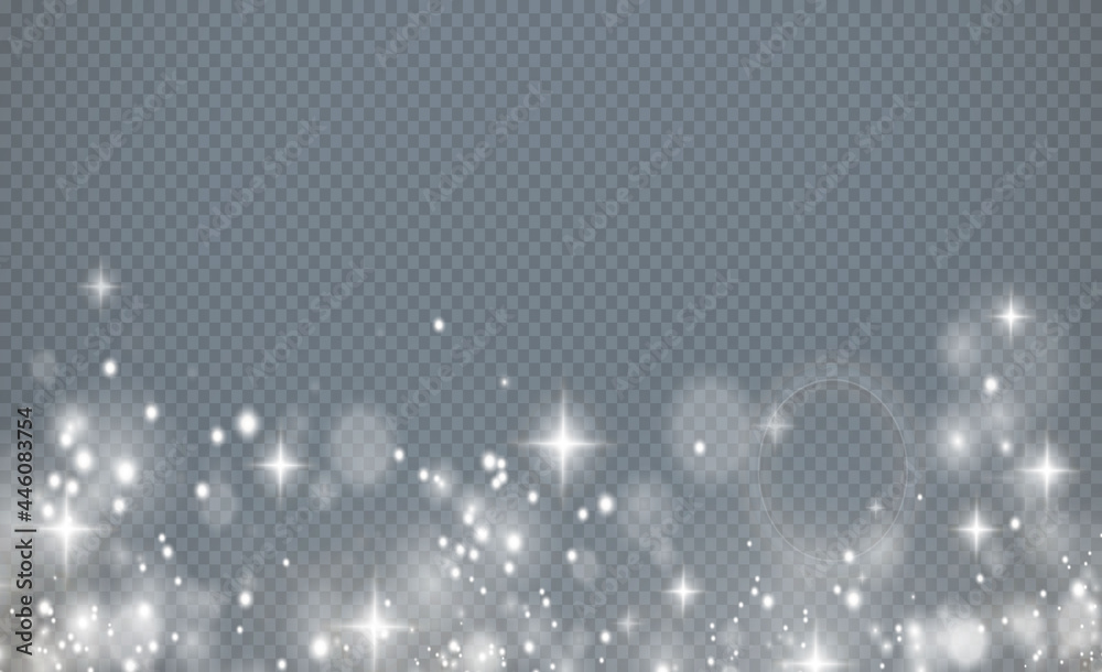 Light sparkling dust with white sparkling stars on a transparent ...