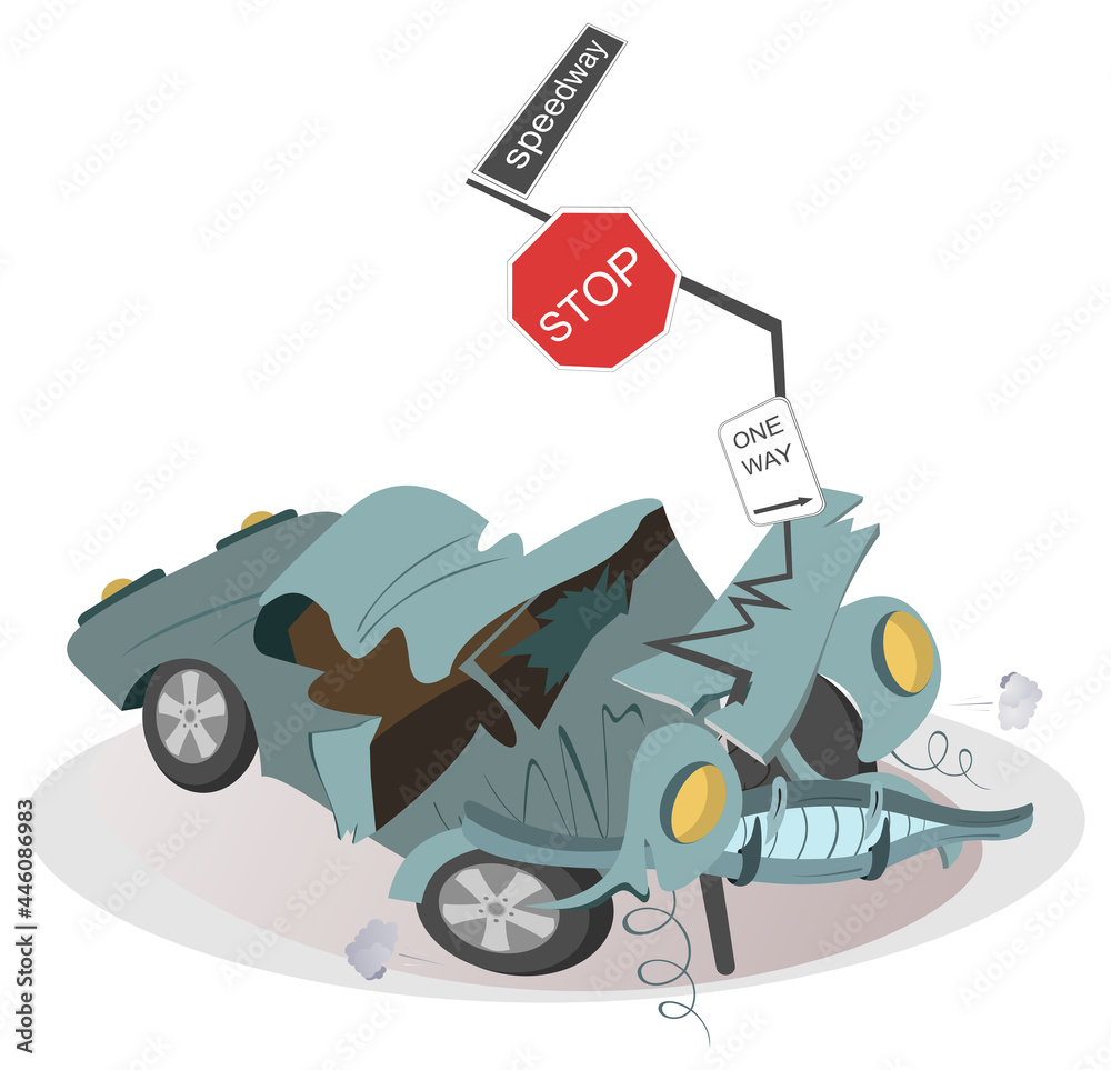 Car crash and road signs illustration. Car crashed into a road signs ...