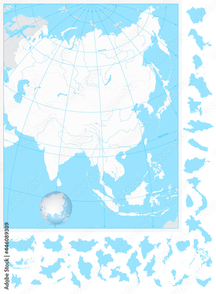 Asia highly detailed blank map and and it's separated states Stock ...