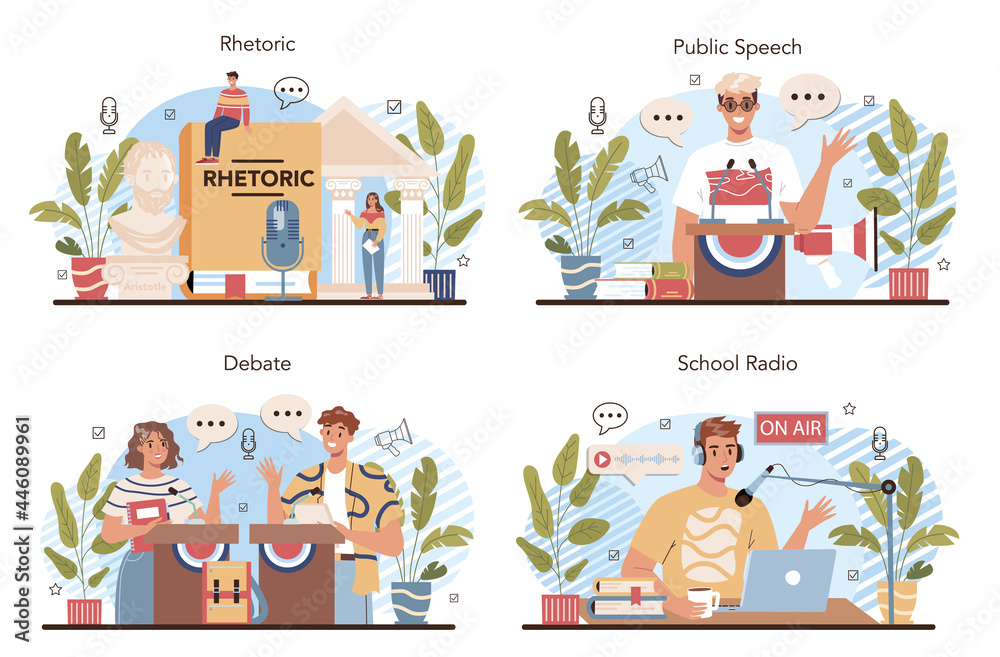 Rhetoric school class set. Students training public speaking and ...