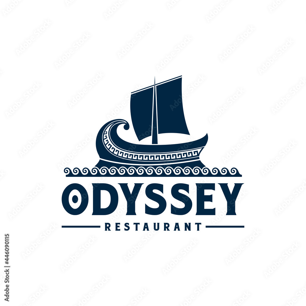 Poster Ancient Greek ship logo inspiration, wave, sailing, restaurant ...