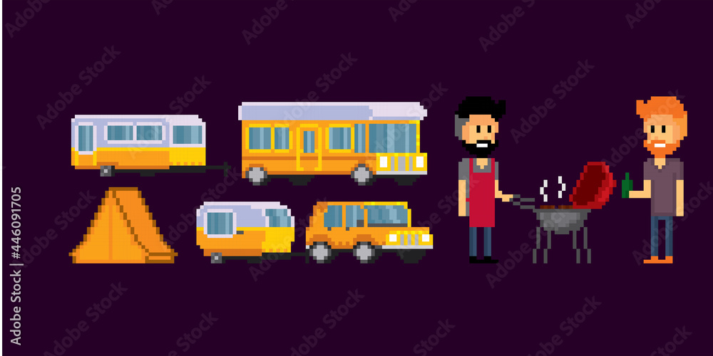 Family camping trip icon set. Vehicle, transport and sleeping ...