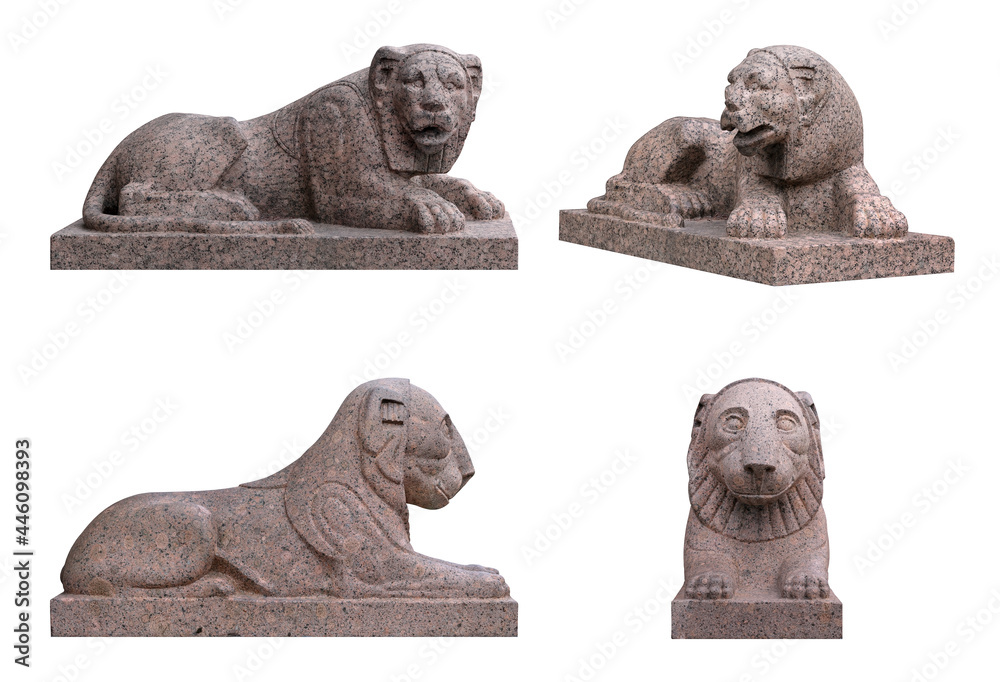 Stone lion statue isolated on white background. Design element with ...