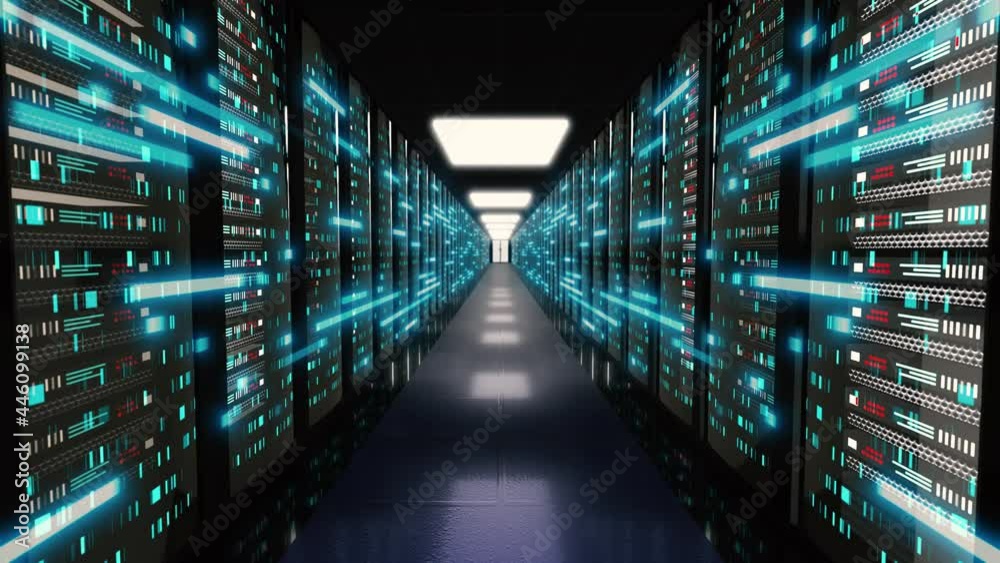 Server room with servers behind glass panels in data center or ISP. Big ...