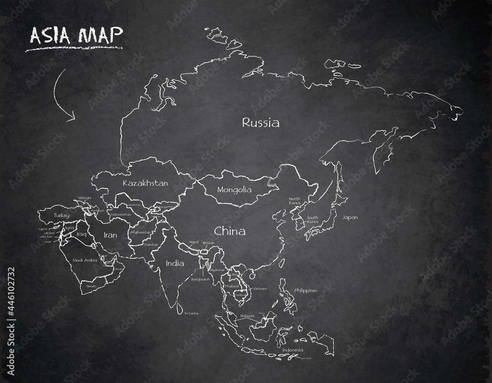 Asia map, separates states and names, design card blackboard ...