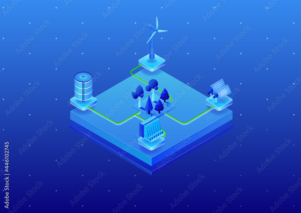 Concept of preserving nature by using renewable energy as 3D isometric ...