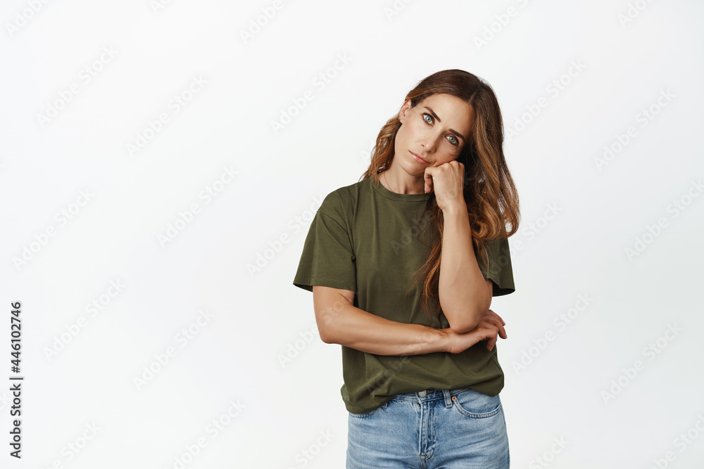 Image of bored, annoyed middle aged woman, tired mother wife, lean head ...